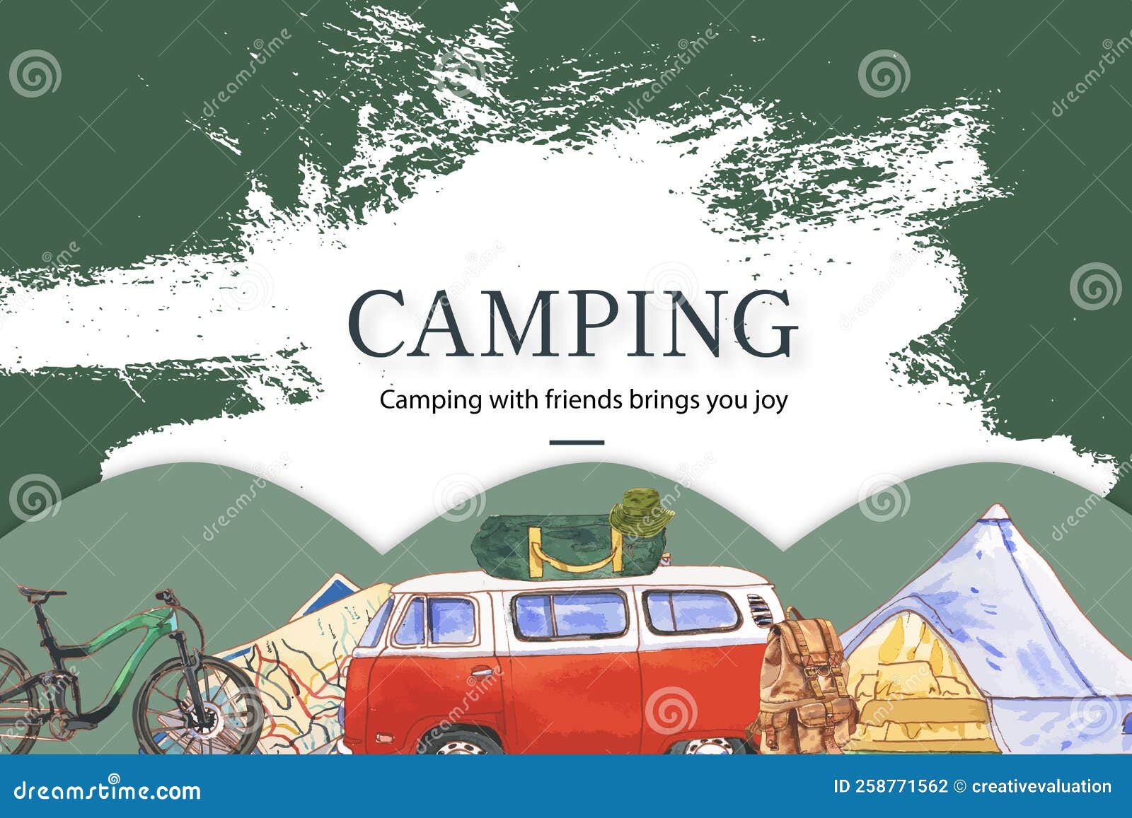 Camping Frame Design with Van, Bicycle, Map, Bucket Hat Watercolor ...