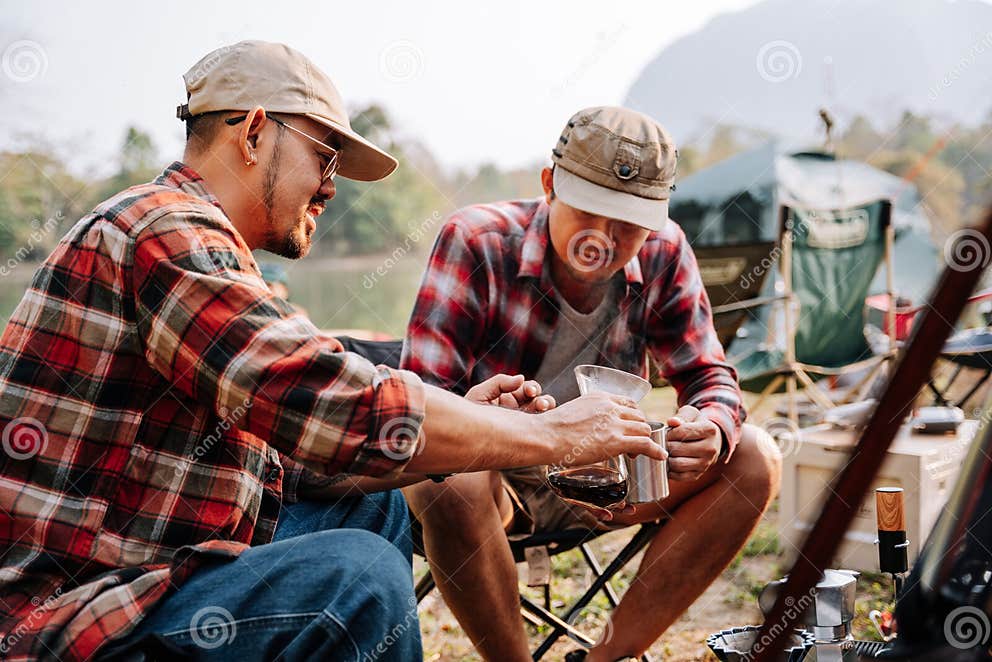 Camping with Friends and Drip Coffee in the Camp Stock Image - Image of ...