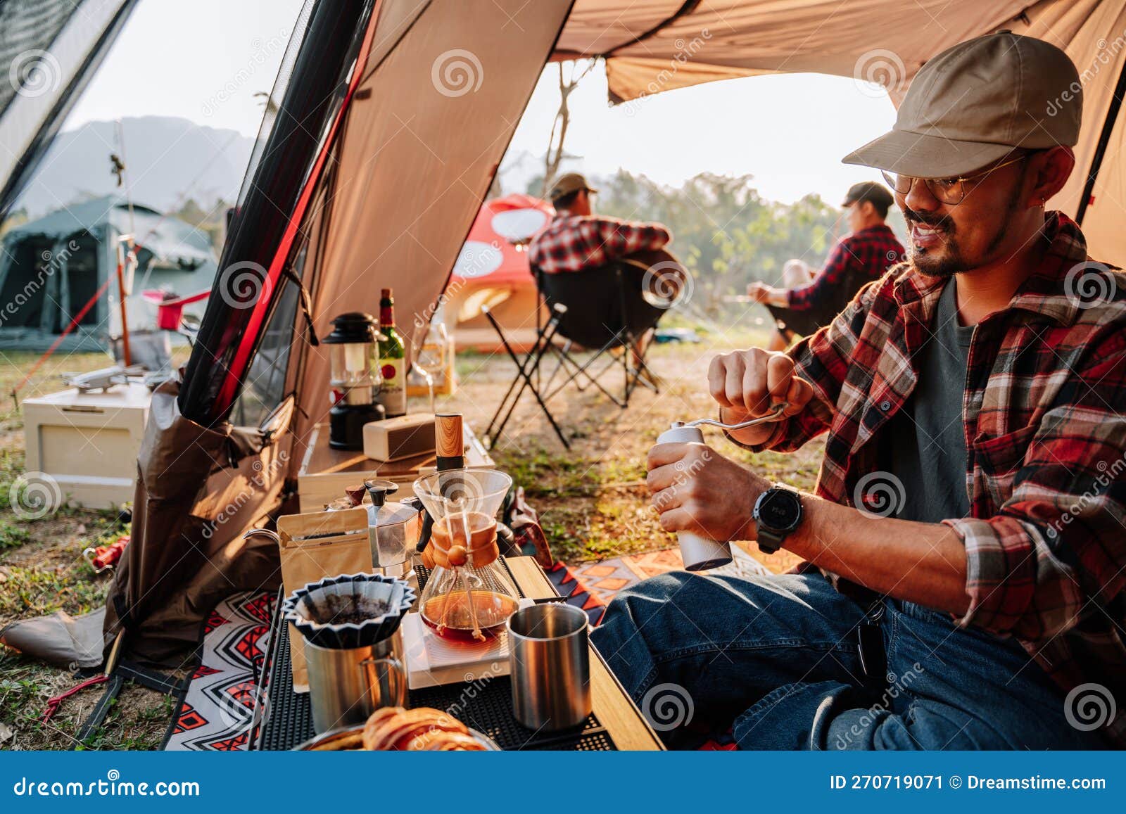 Camping with Friends and Drip Coffee in the Camp Man Using Manual ...