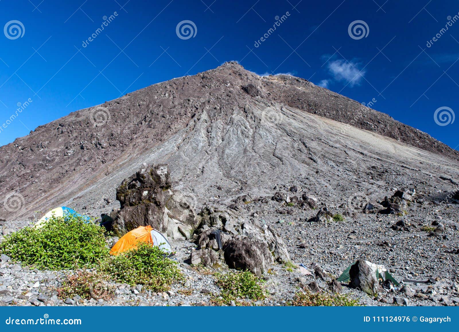 Camping in Front of Merapi Volcano Lava Dome. Stock Photo - Image of ...