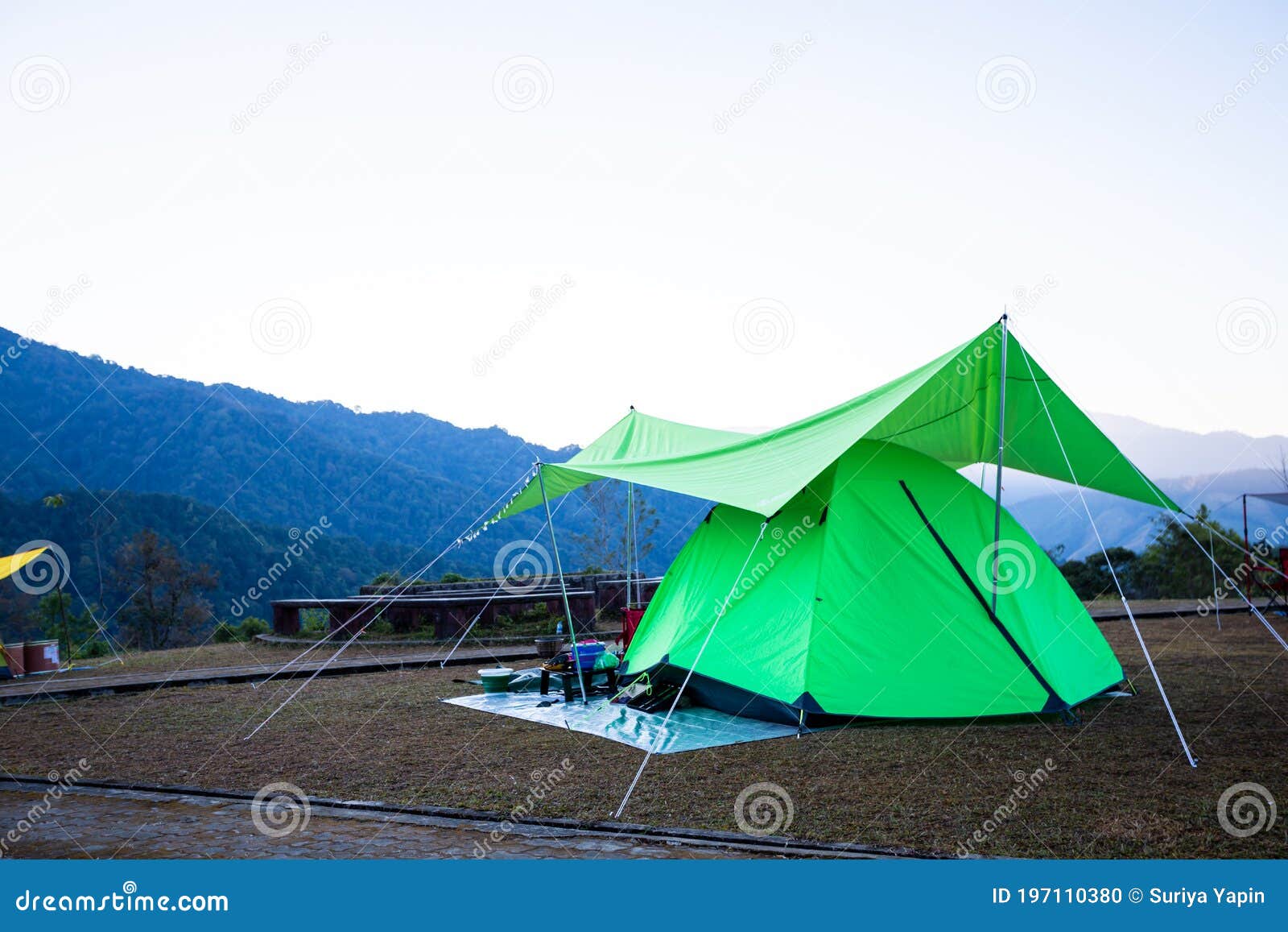 Camping Green Tent In Forest Near Lake Stock Photography ...