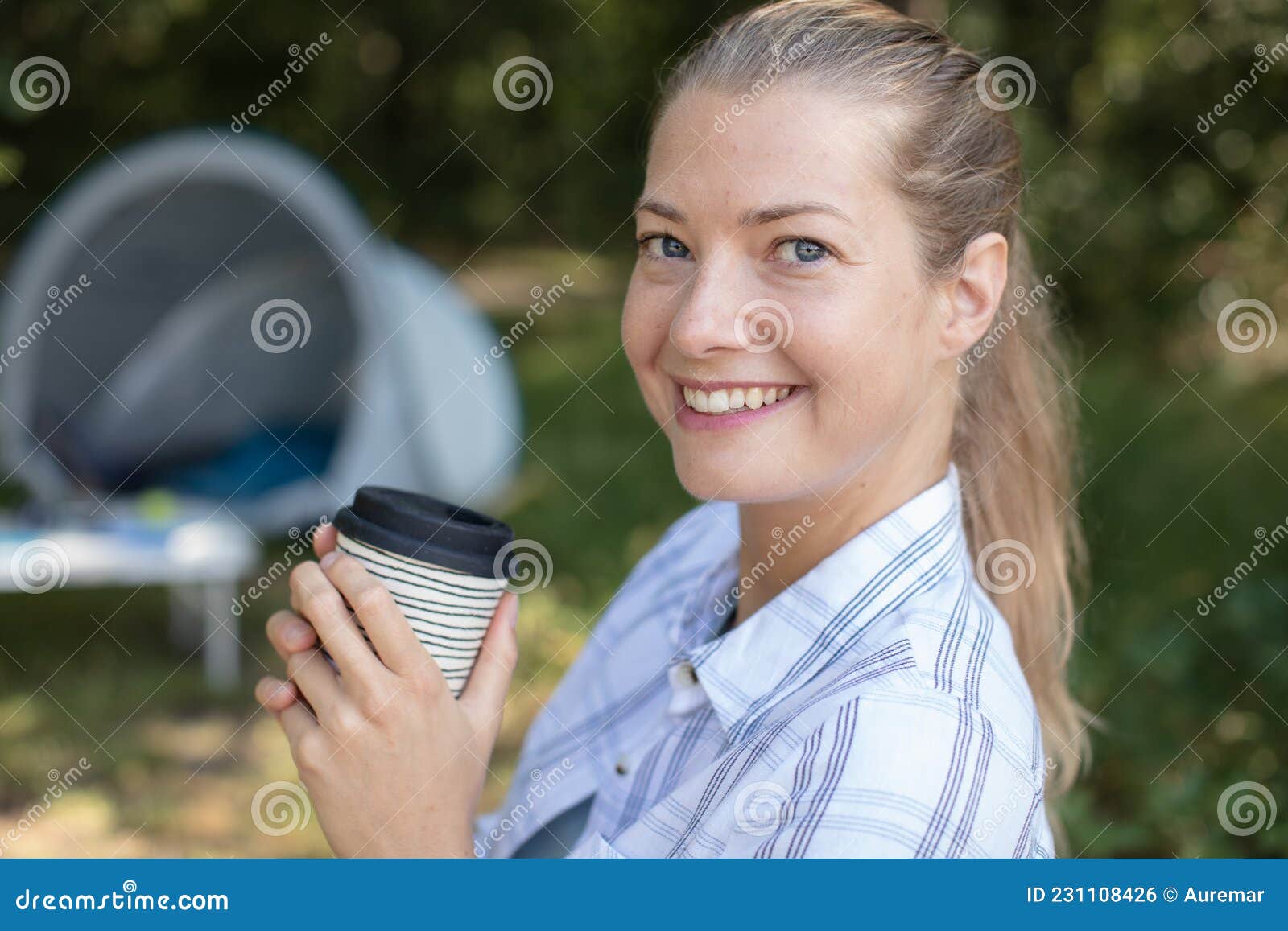 Camping Happy Woman Drinking Tea Stock Photo - Image of summer, hiking ...