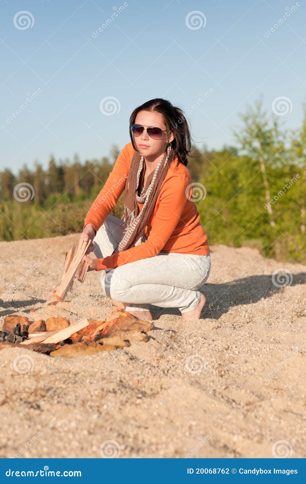 Camping Happy Woman Making Campfire on Beach Stock Photo - Image of ...