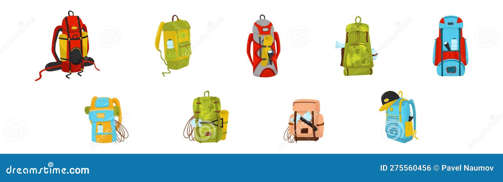 Camping or Hiking Backpack with Equipment and Gear Vector Set Stock ...