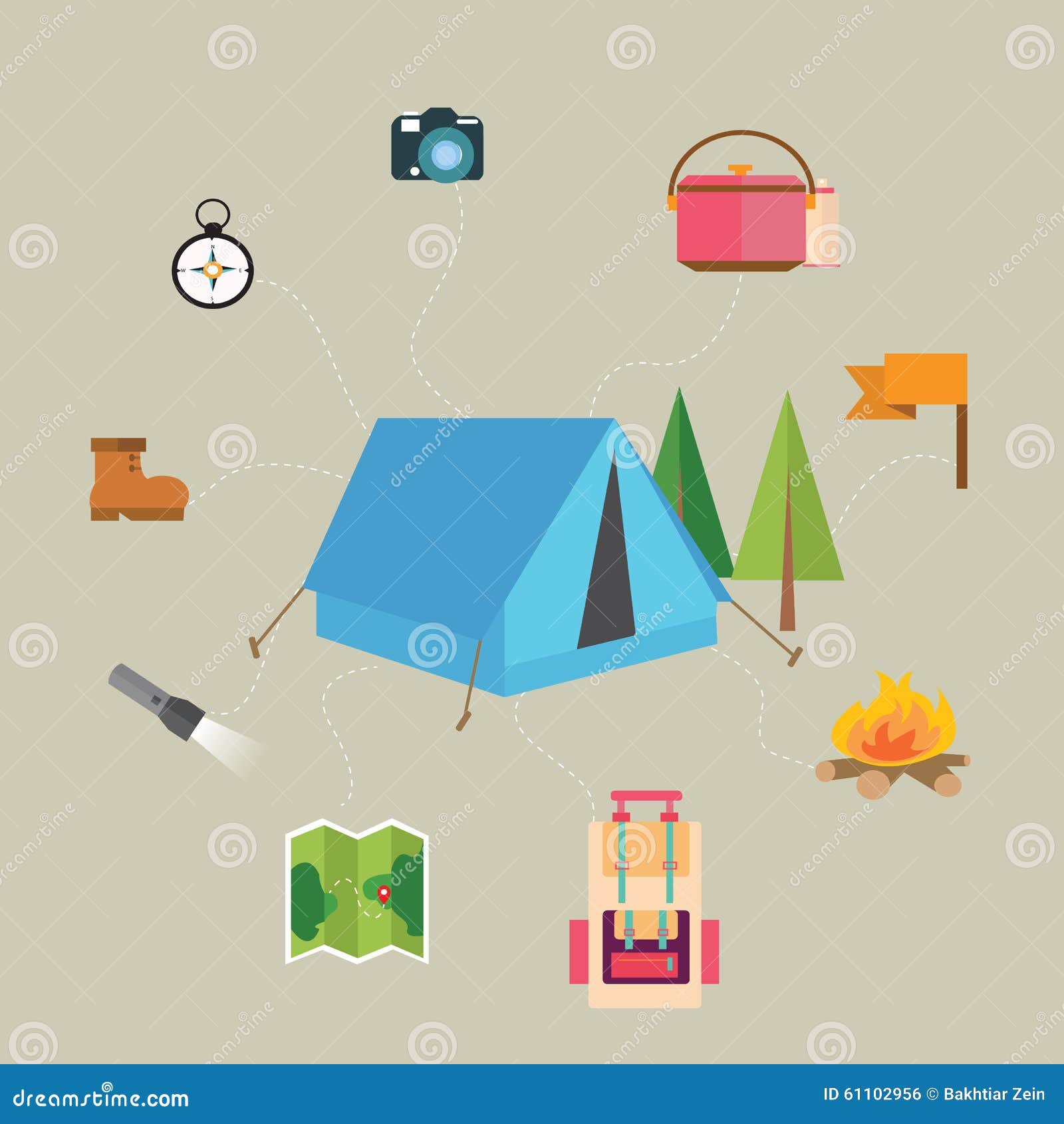 Camping Hiking Icon Set of Map Tent Compass Flag Adventure Illustration ...