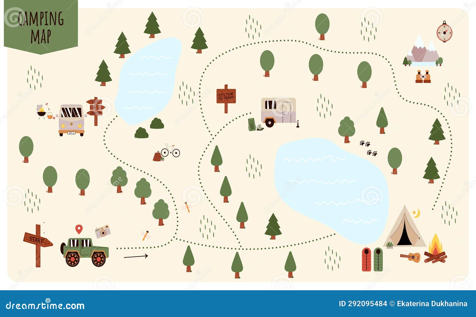 Camping and Hiking Map Creator. Set of Flat Cartoon Elements for ...