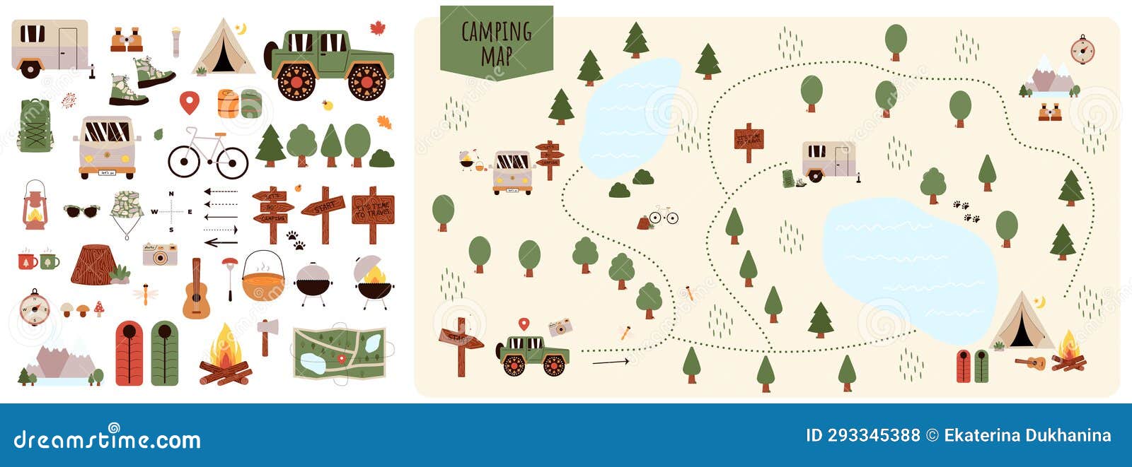 Camping and Hiking Map Creator. Set of Flat Cartoon Elements for ...