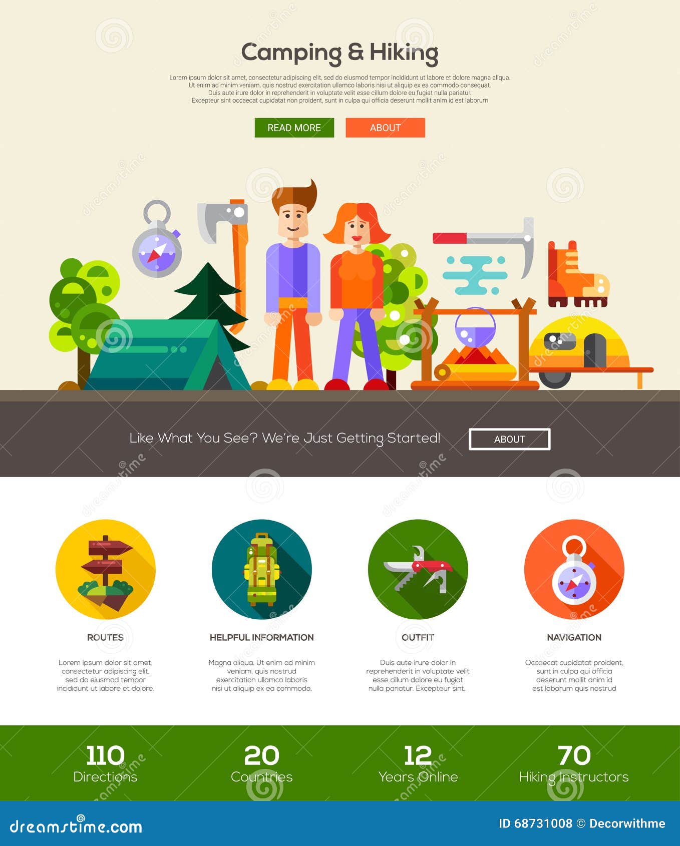 Camping, Hiking Website Header Banner with Webdesign Elements Stock ...