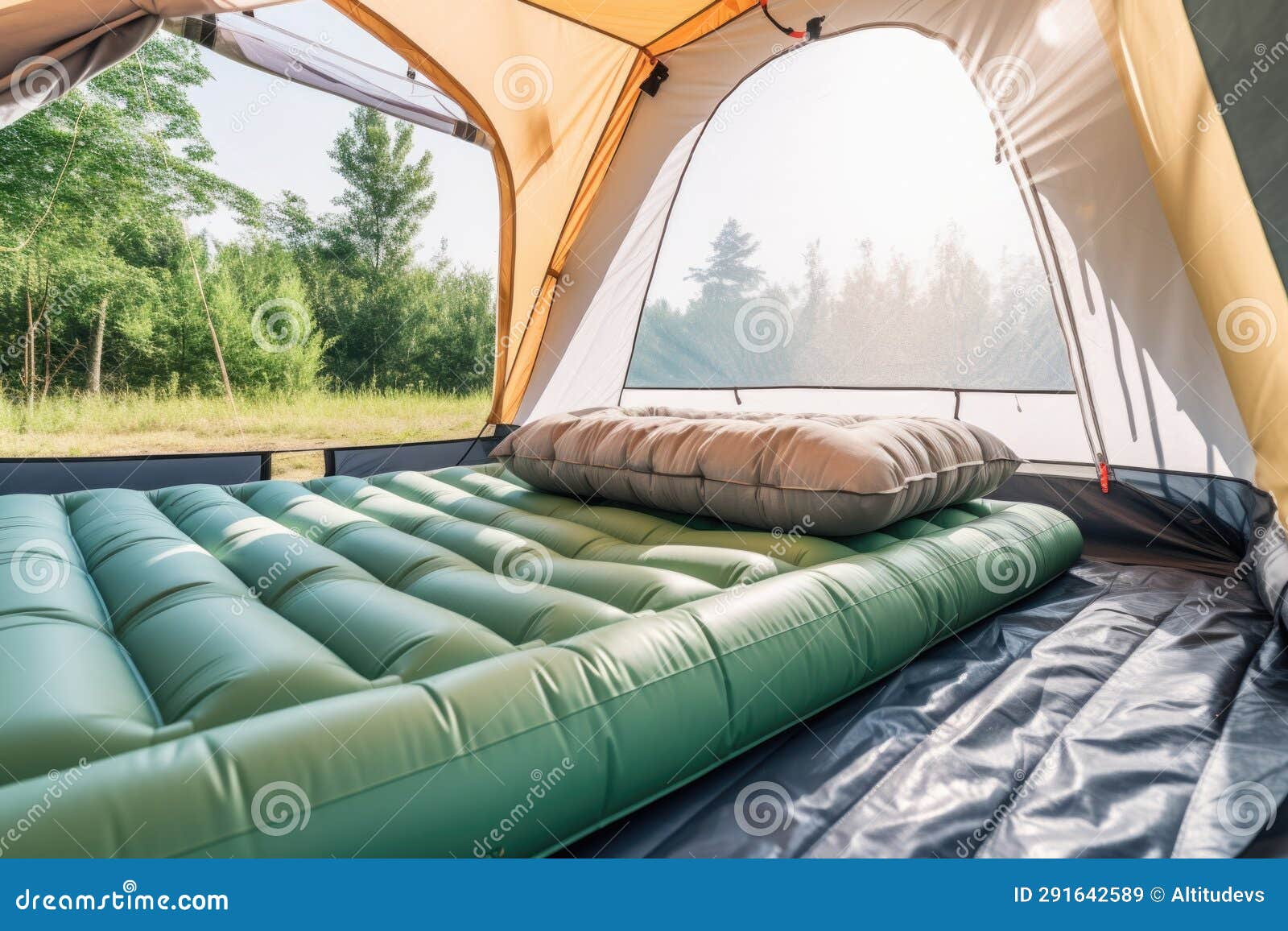 Camping Inflatable Mattress with a Pillow Inside a Tent Stock Image ...