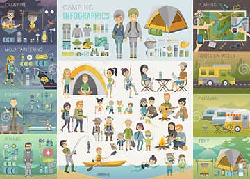 Camping Infographic Set with People and Objects. Stock Vector ...