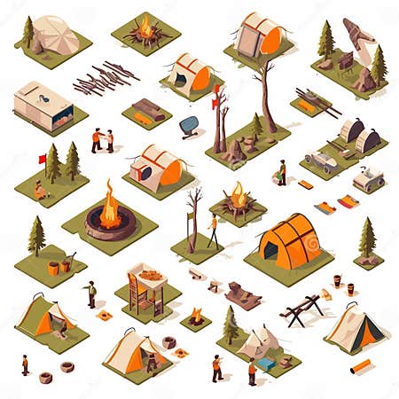 Camping Isometric Vector Set Isolated Illustration Stock Vector - Illustration of tourist ...