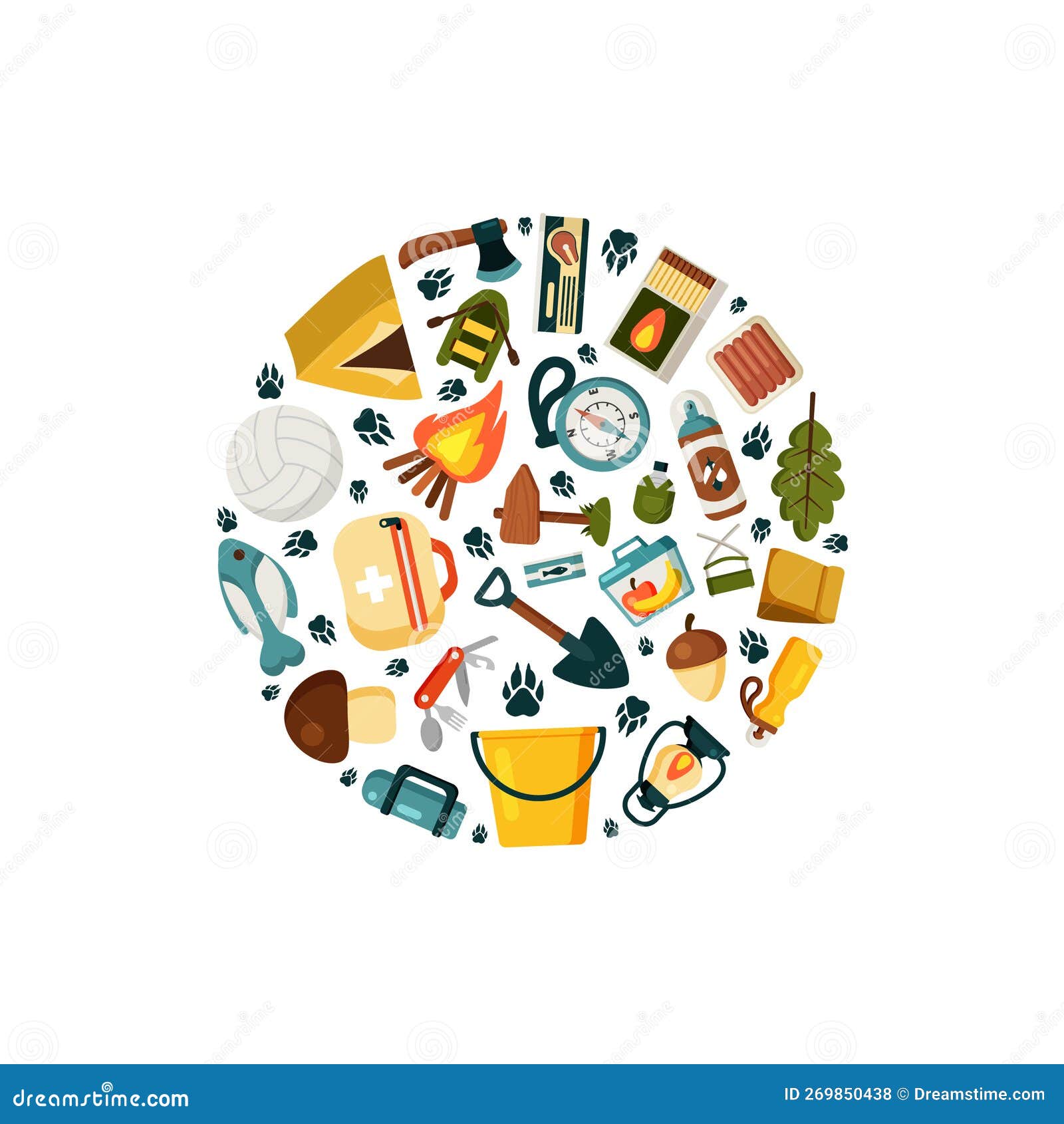 Camping Items. Colored Design Template With Camping Exploring Set Tent ...