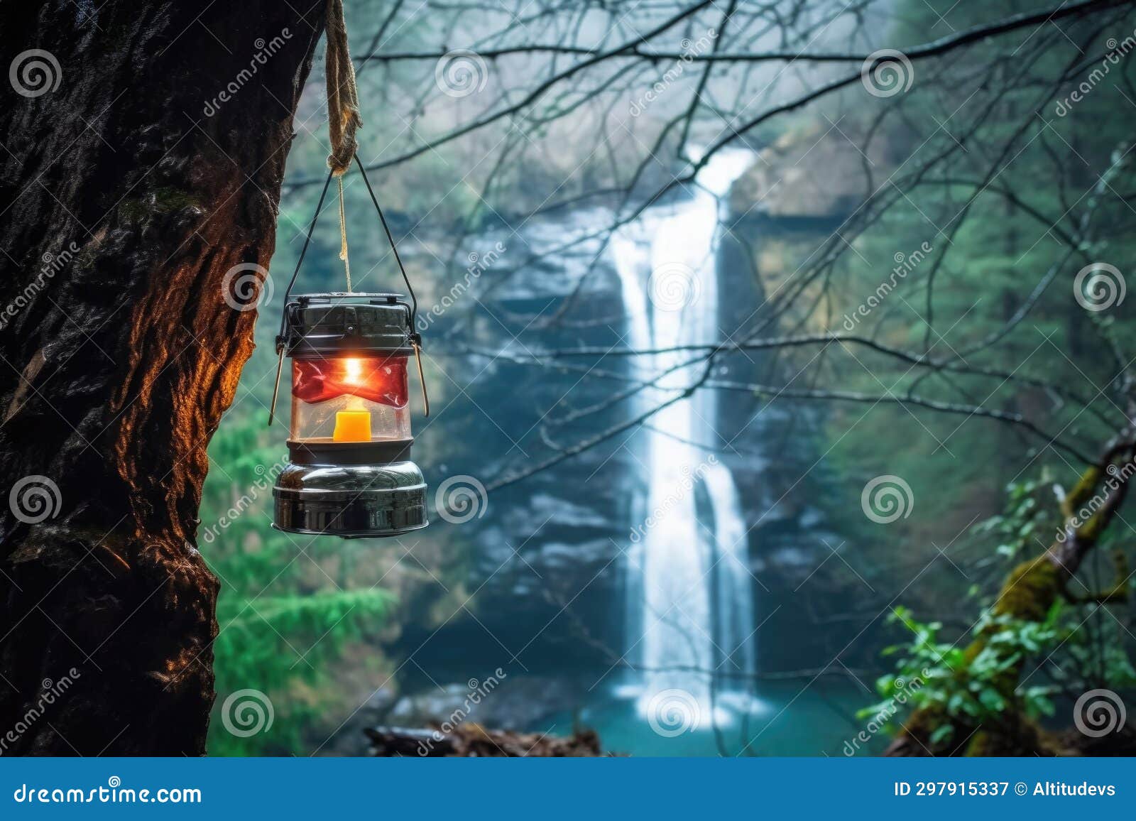 Camping Lantern Hanging from a Tree Branch with Waterfall View Stock ...