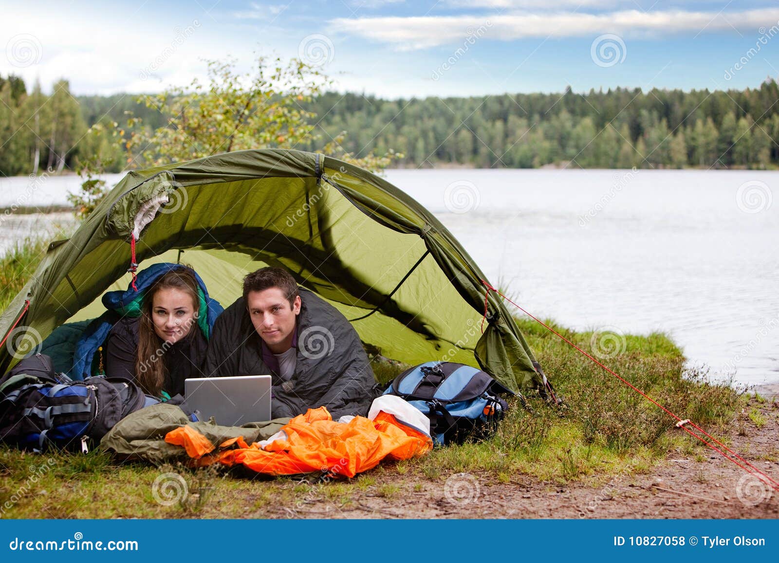 Camping with Laptop by Lake Stock Photo - Image of camping, nature ...