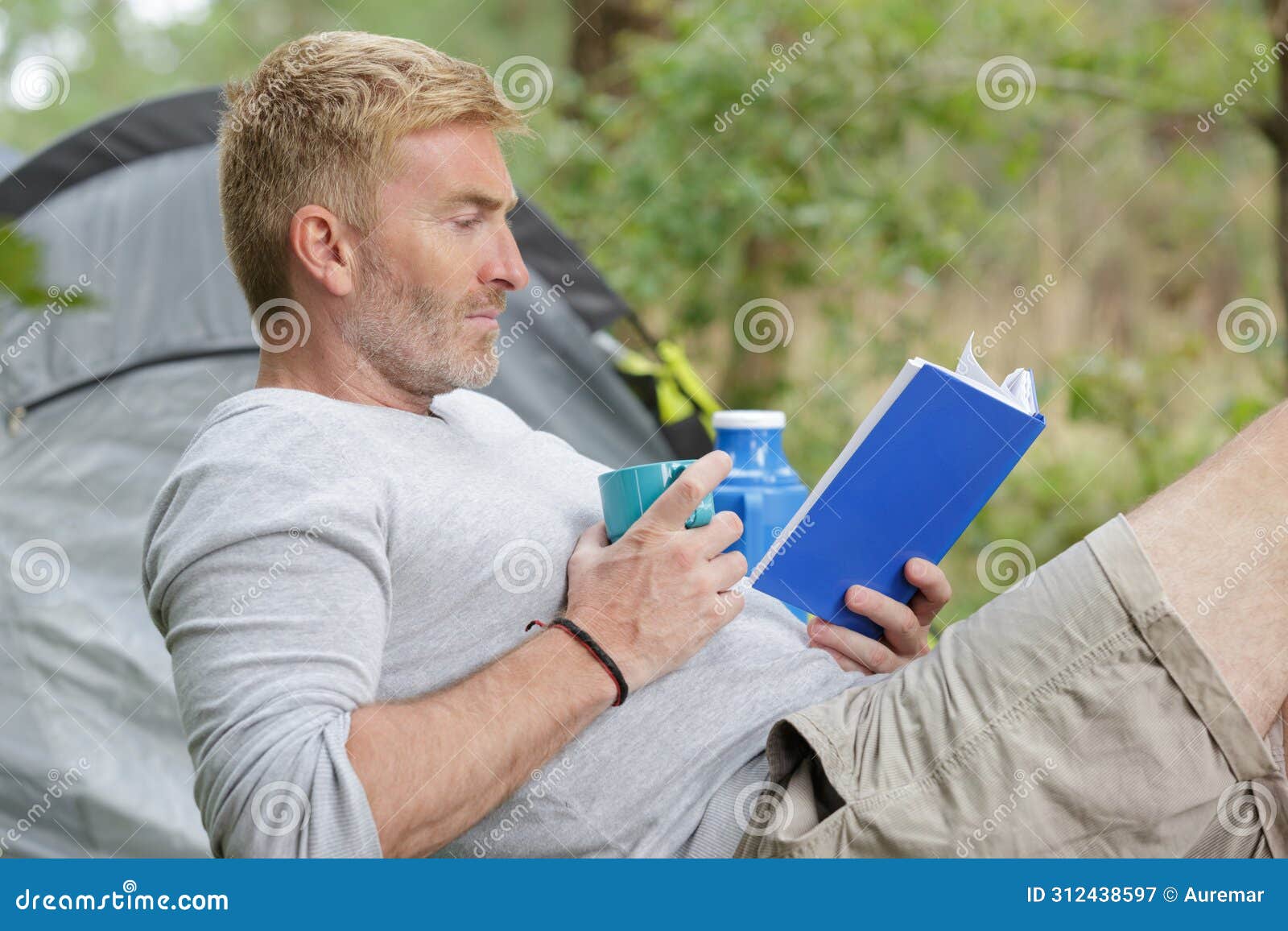 Camping Man Reading Traveling Guild Book Stock Image - Image of camping ...