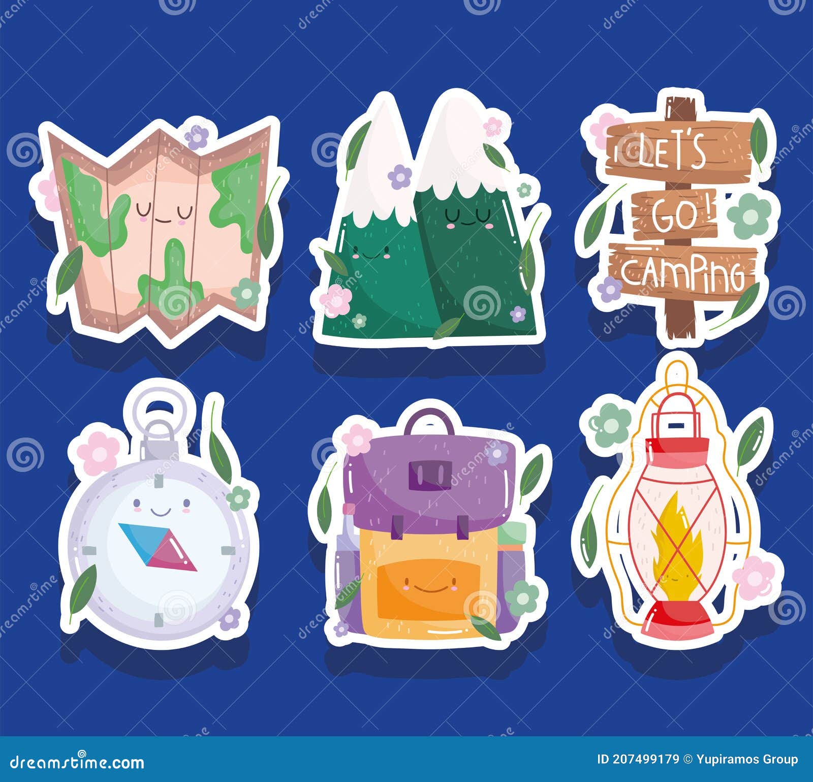 Camping Map Mountains Compass Bacpack Lantern in Cartoon Style Icons ...