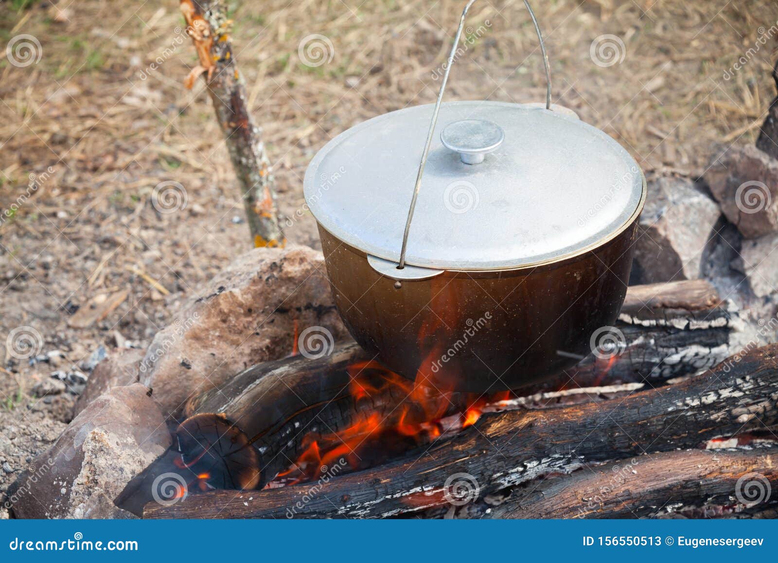 Camping Meal. Bonfire and Cauldron Stock Image - Image of picnic ...
