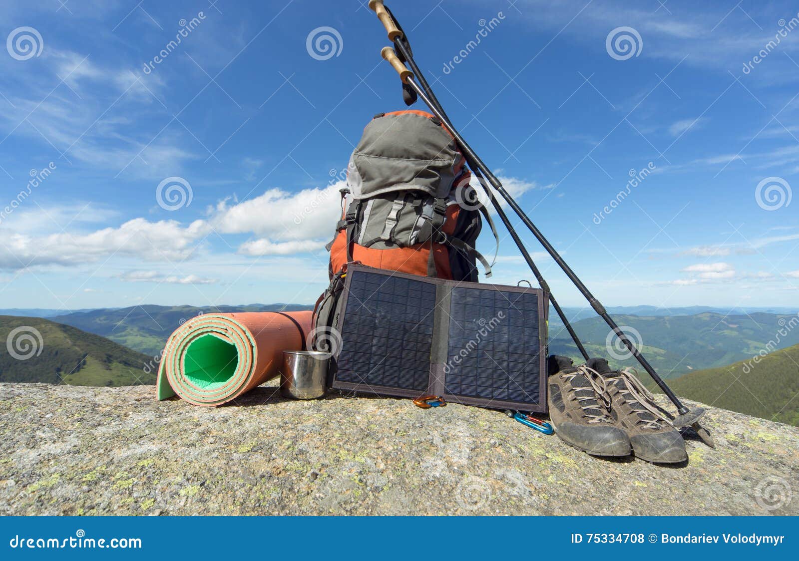Camping in the Mountains with a Backpack on a Sunny Day. Stock Photo ...