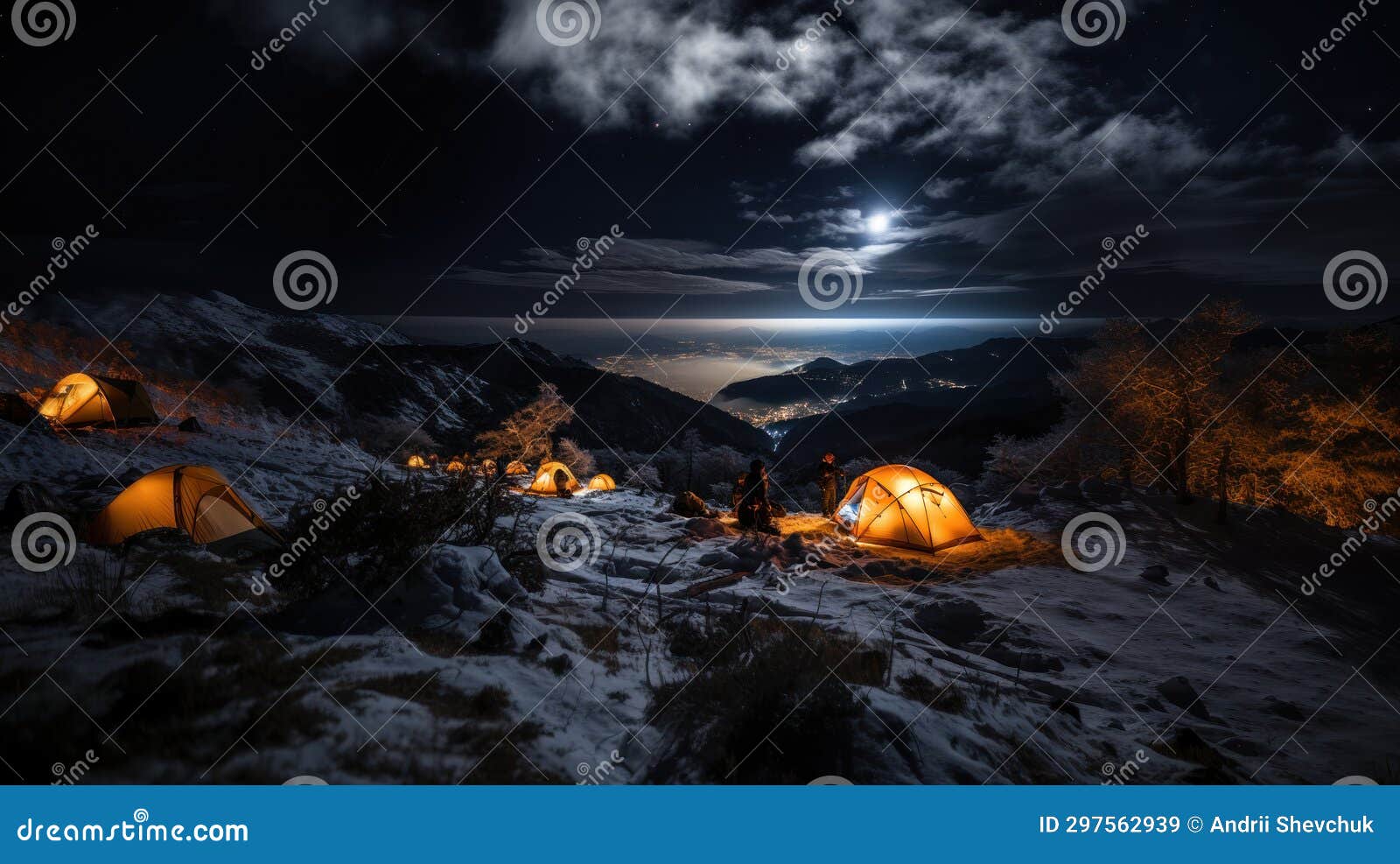 Camping in the Mountains at Night with a Full Moon and Stars Stock ...