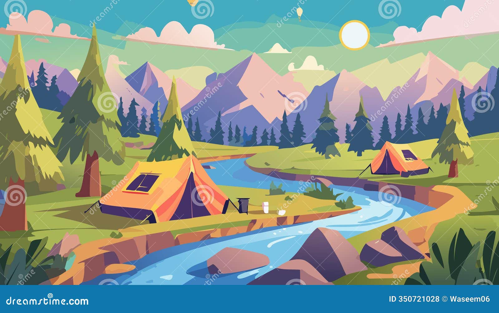 Camping in the Mountains. Vector Illustration in Flat Cartoon Style ...