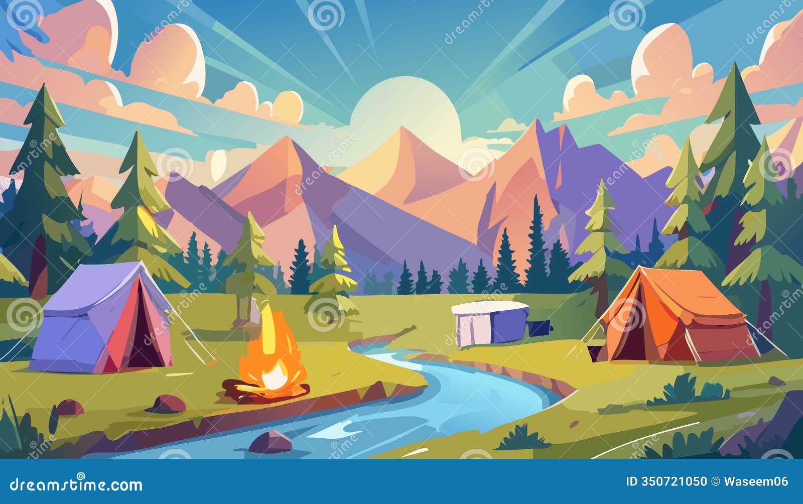 Camping in the Mountains. Vector Illustration in Flat Cartoon Style ...