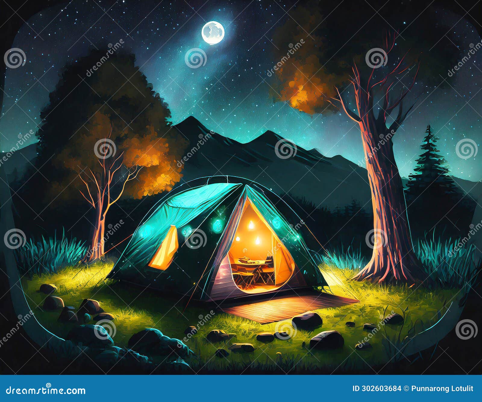 Camping at Night with Creativity on Digital Art Concept, Generative AI ...