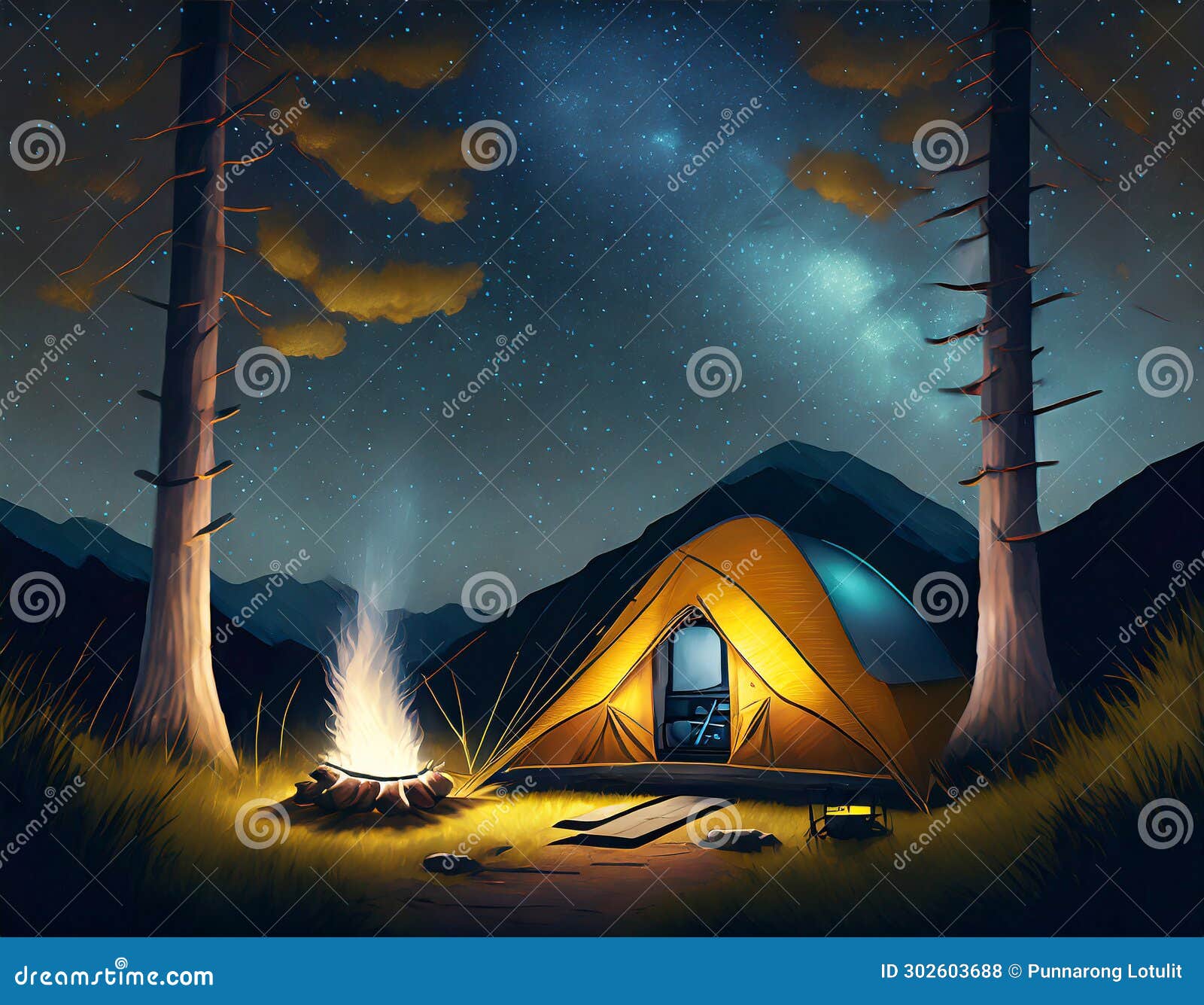 Camping at Night with Creativity on Digital Art Concept, Generative AI ...