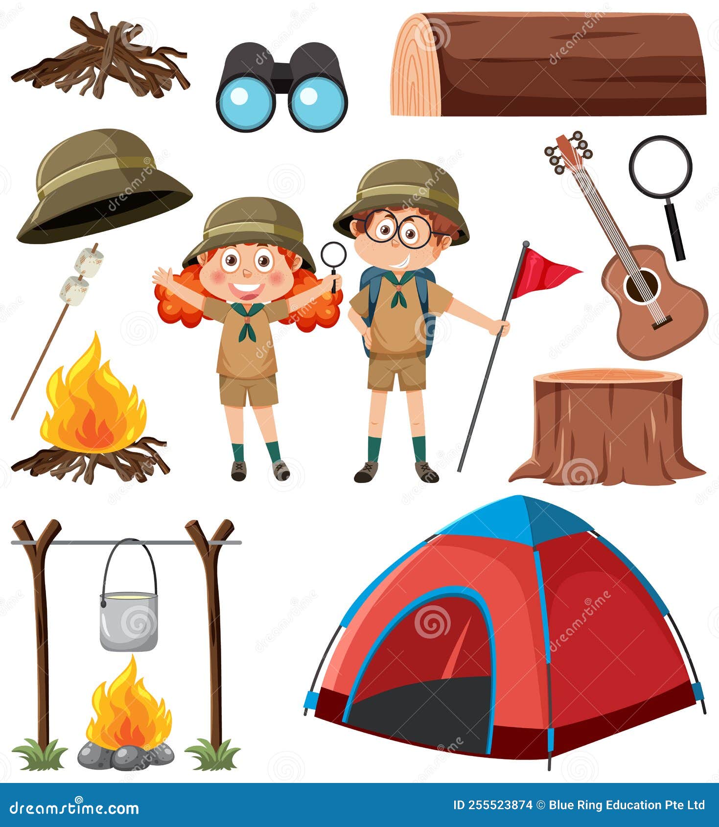 Camping Objects and Cartoon Character Set Stock Vector - Illustration ...