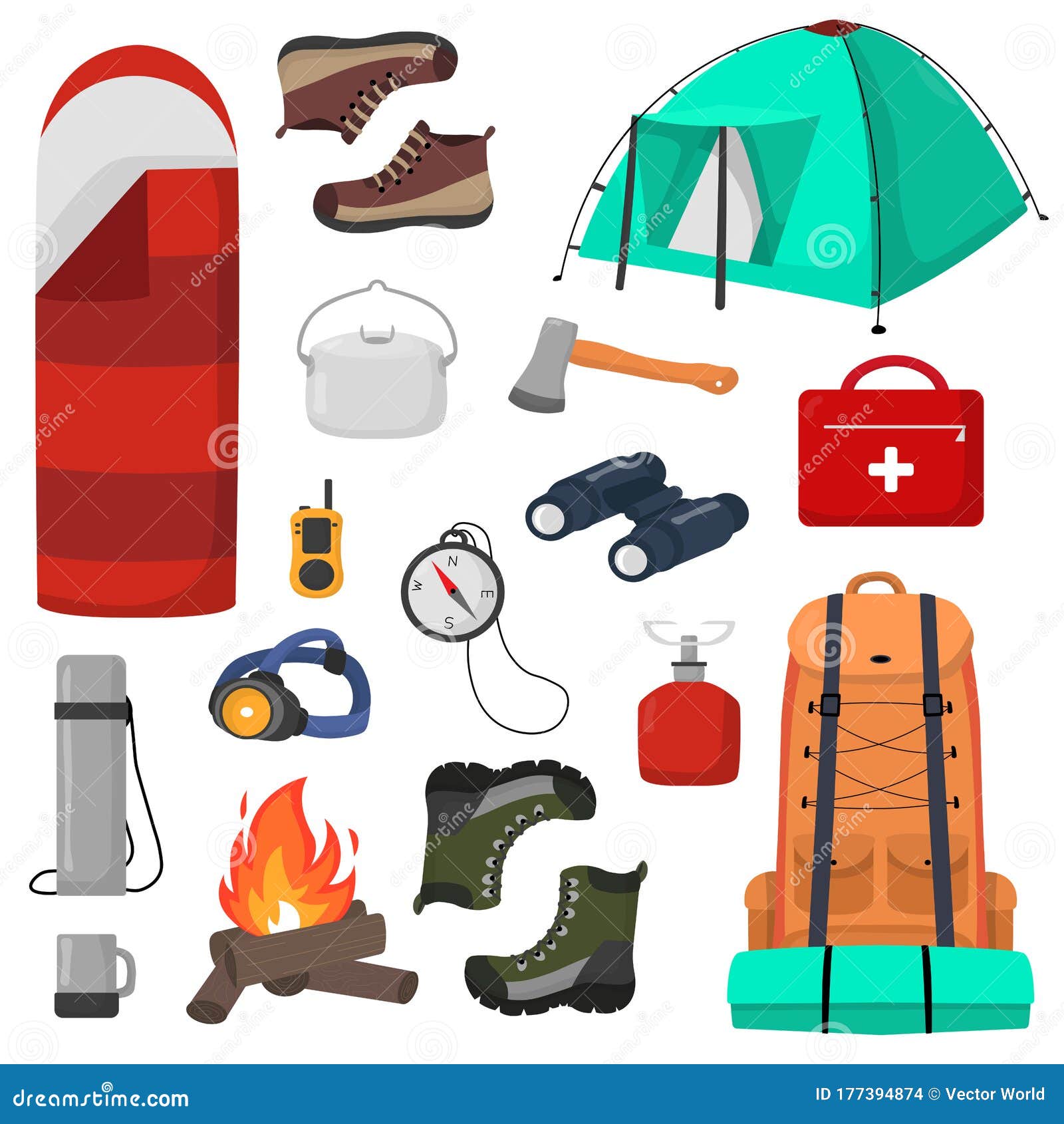 Camping Objects, Set of Vector Illustrations Isolated on White, Flat ...