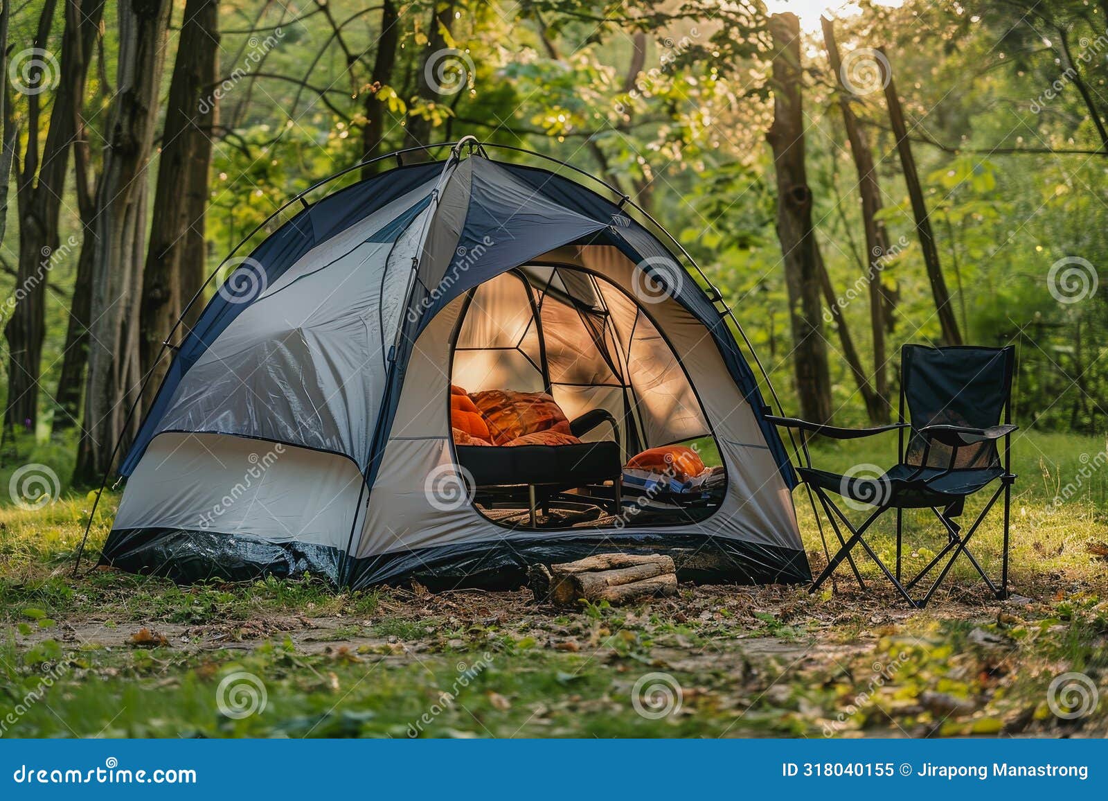 Camping Outdoors with Lots of Sunlight. Tent, Chairs, a Tent BBQ Rack ...
