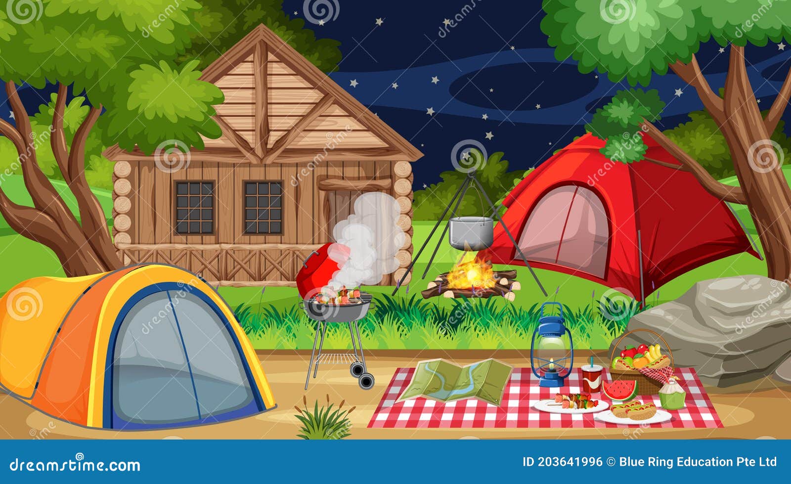Camping or Picnic in the Nature Park at Night Scene Stock Vector ...