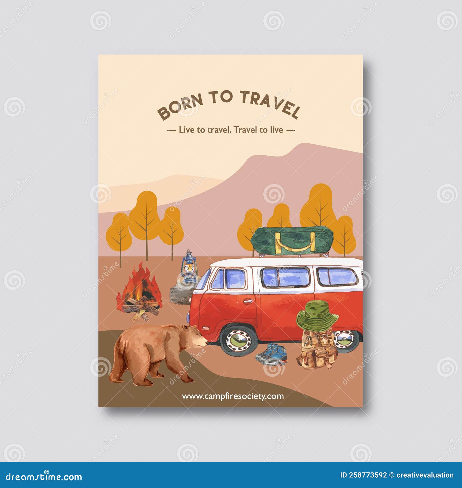 Camping Poster Design with Flashlight, Tent, Lantern Watercolor ...