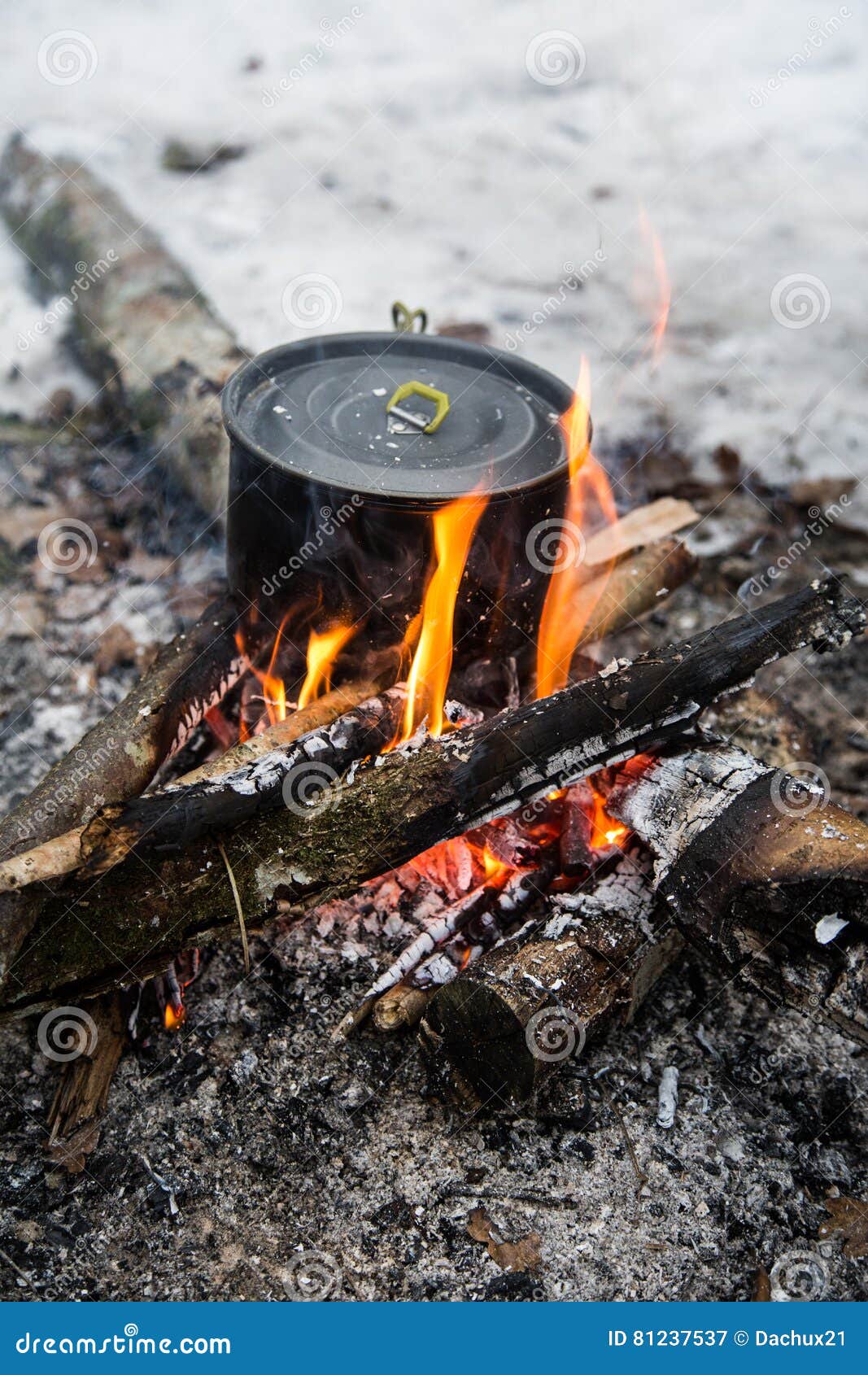 A Camping Pot on a Campfire in the Winter Stock Image - Image of ...