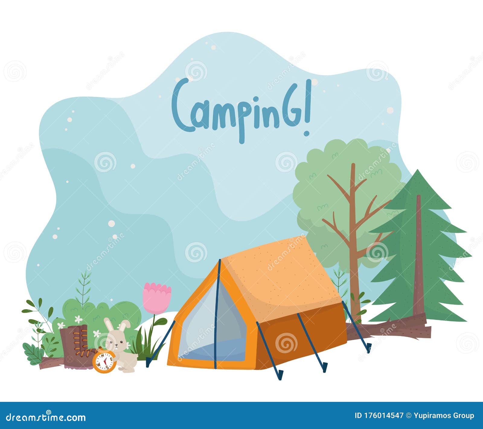 Camping Rabbit Tent Boots Compass Flower Forest Trees Cartoon Stock ...