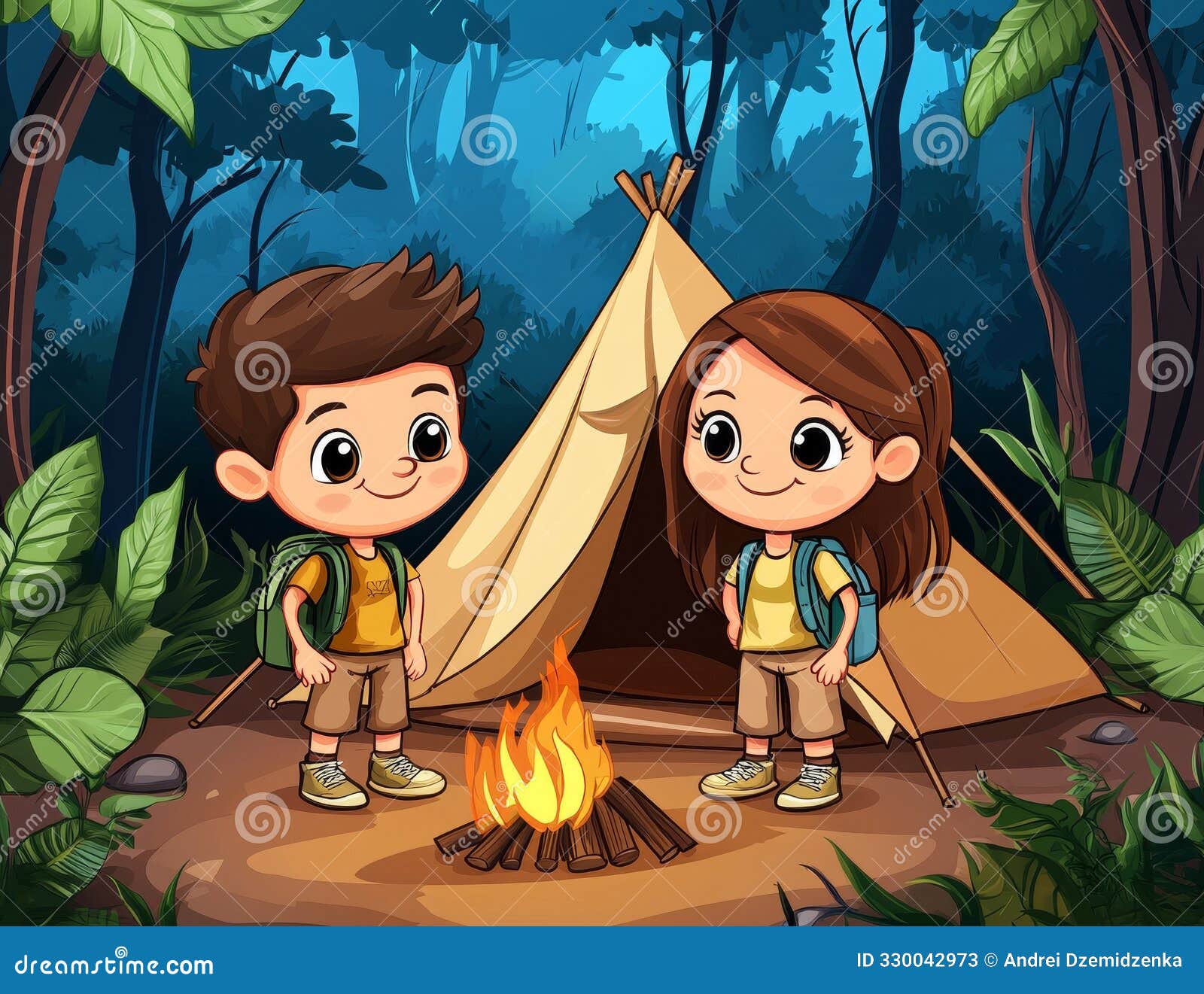 A Camping Scene with an Explorer Boy and Girl Stock Image - Image of ...