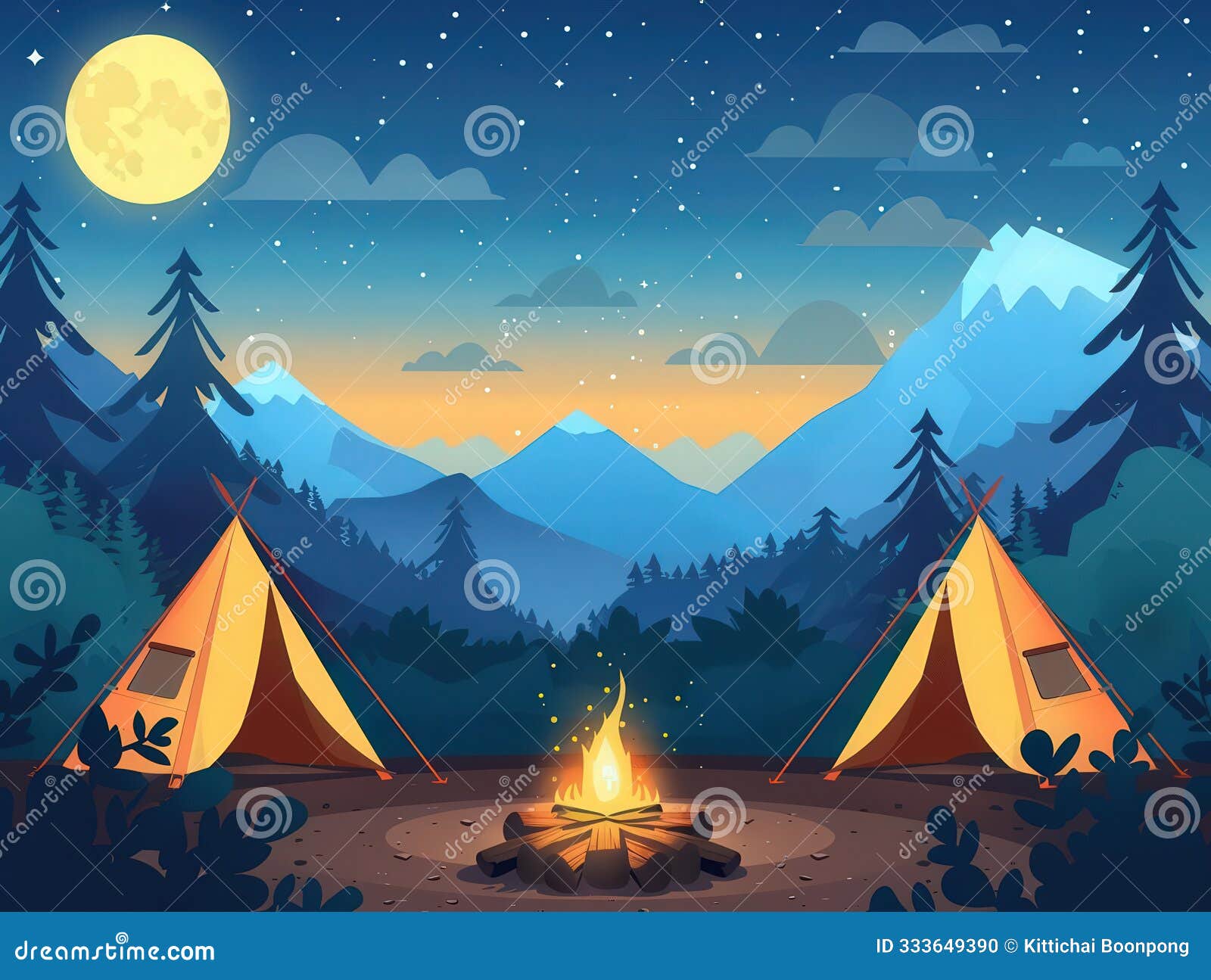 Camping Scene With Tent And Bonfire On The Lakeshore, With Mountains On ...