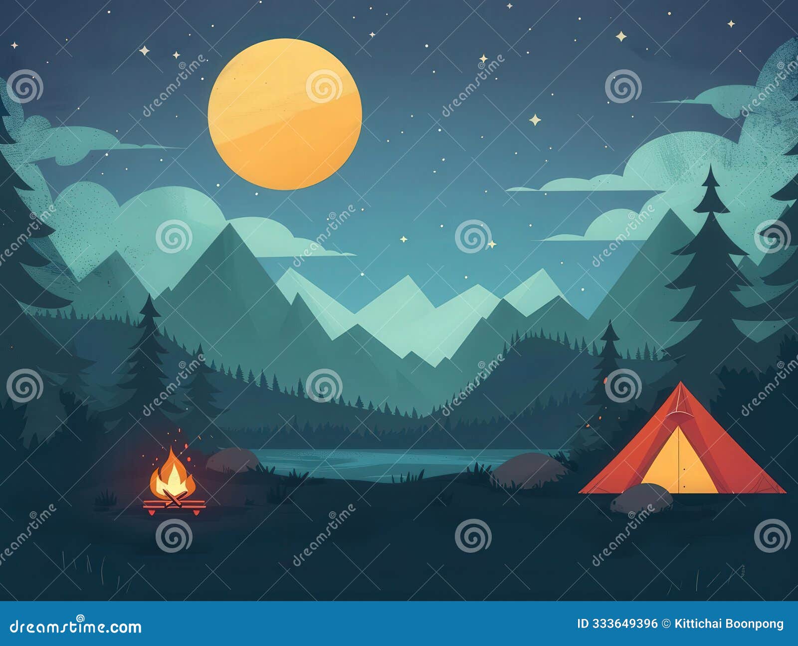 Camping Scene With Tent And Bonfire On The Lakeshore, With Mountains On ...