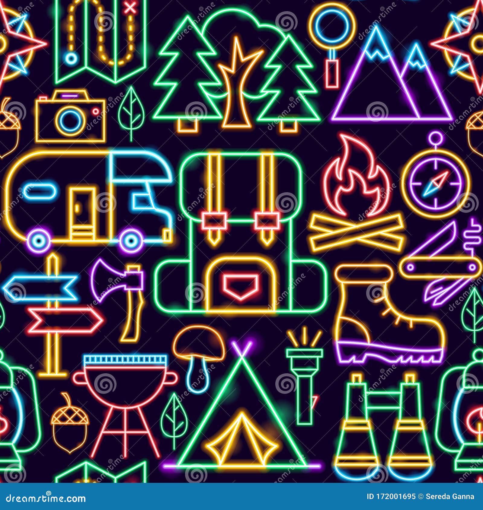 Camping Seamless Pattern stock vector. Illustration of flashlight ...
