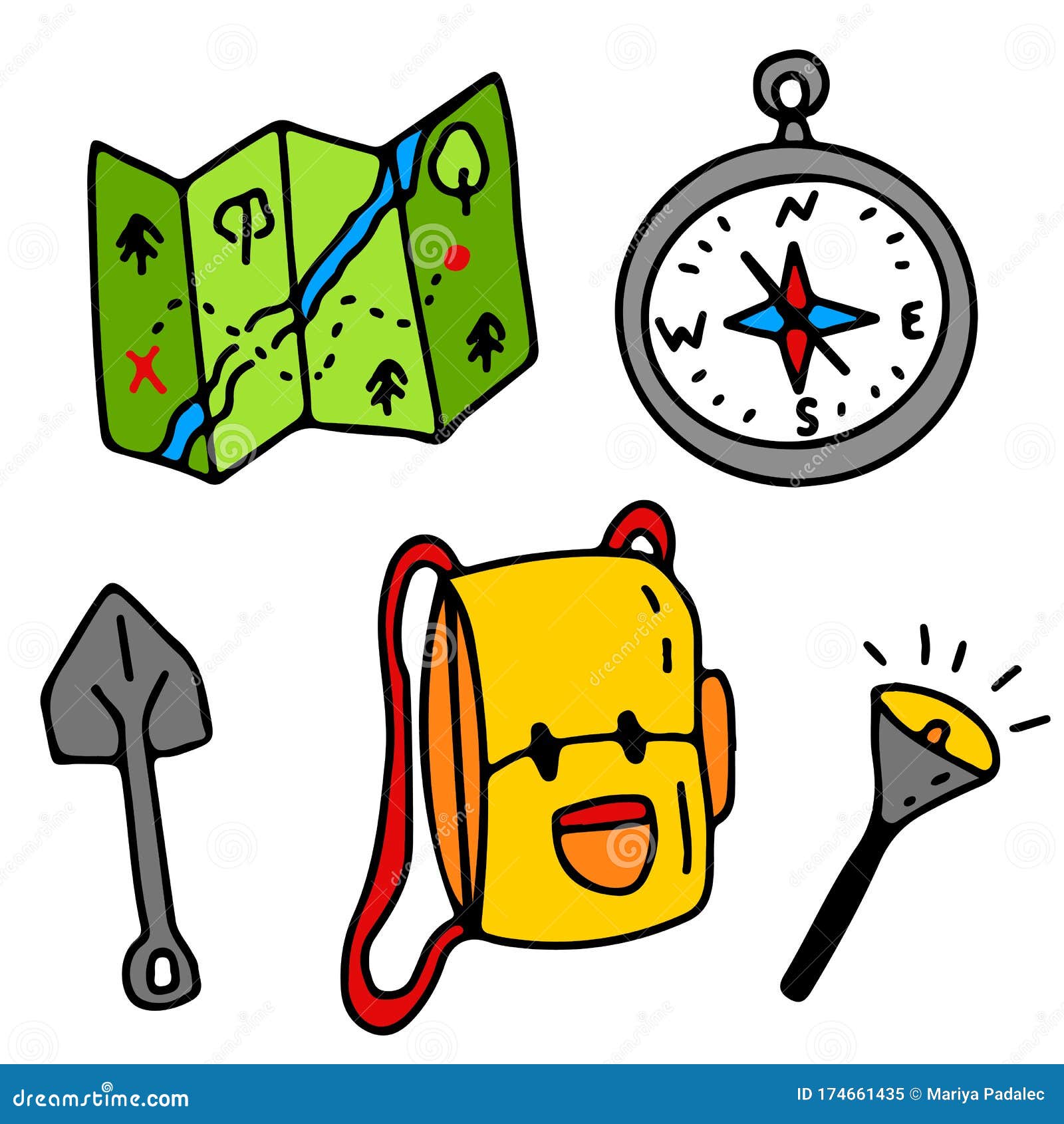 Camping Set in Cartoon Style. Map, Compass, Spade, Flashlight and ...