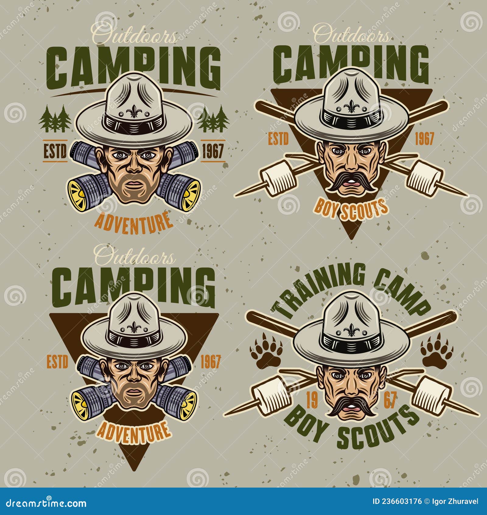 Camping Set of Colored Vector Emblems, Badges, Labels or Logos with Man ...