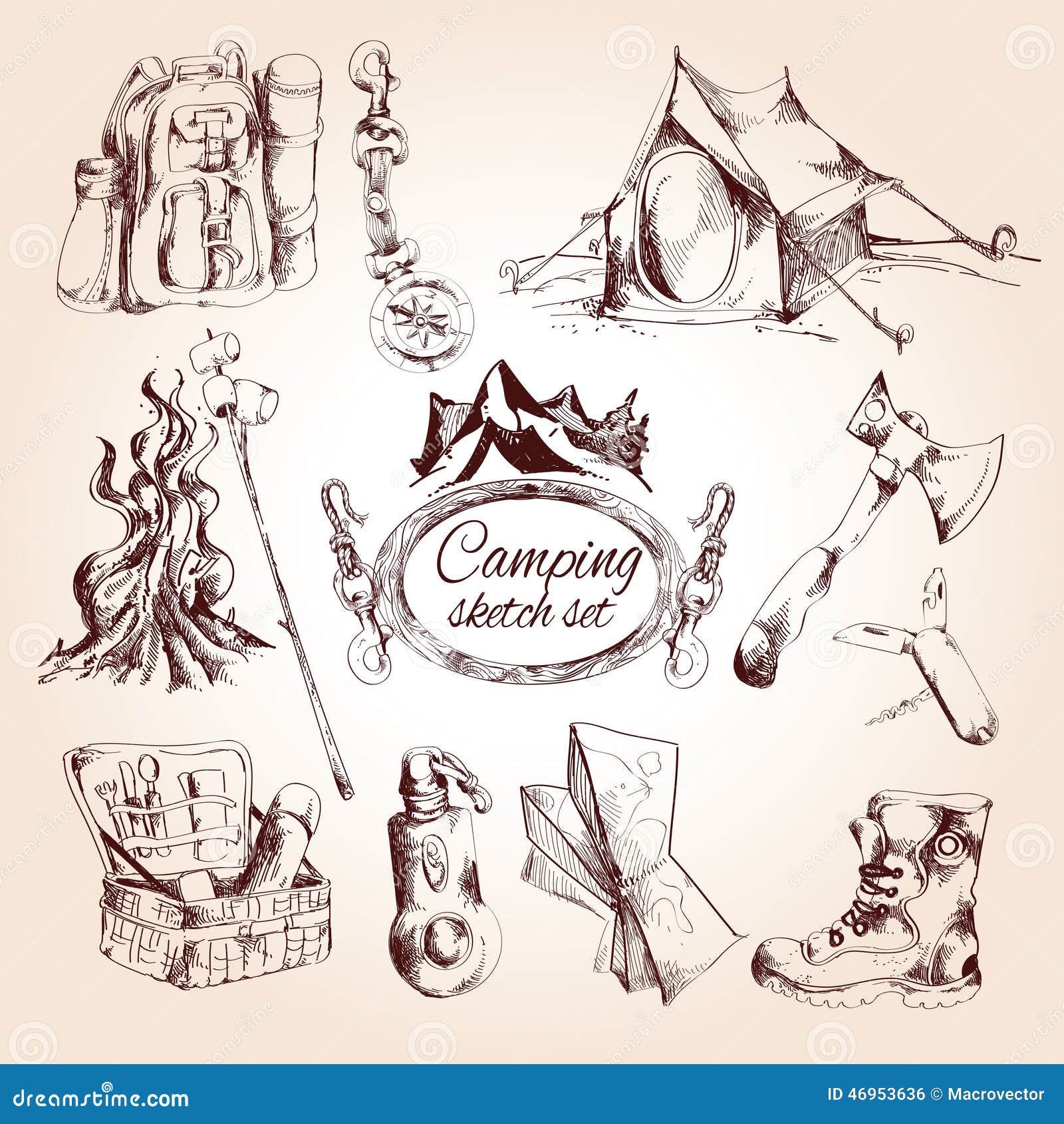 Camping sketch set stock vector. Illustration of flask - 46953636