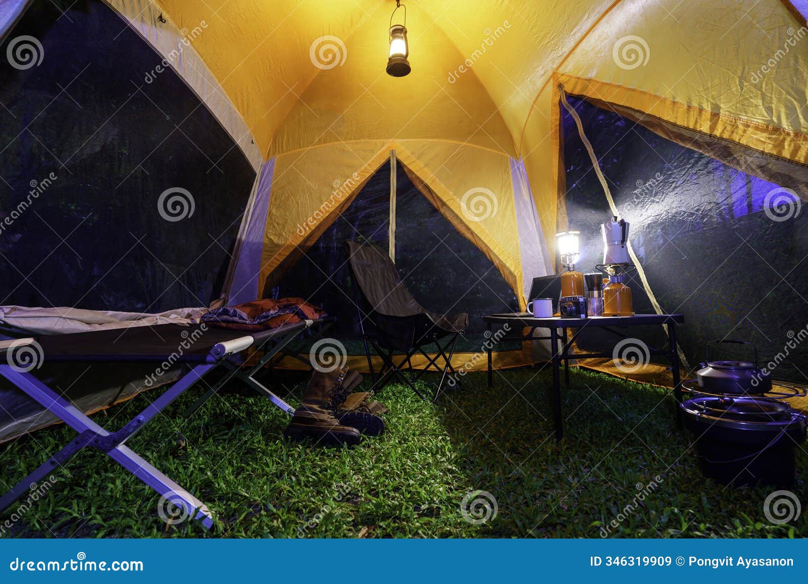 Camping Tent, Folding Bed Inside the Tent at Night in the Forest, Gas ...