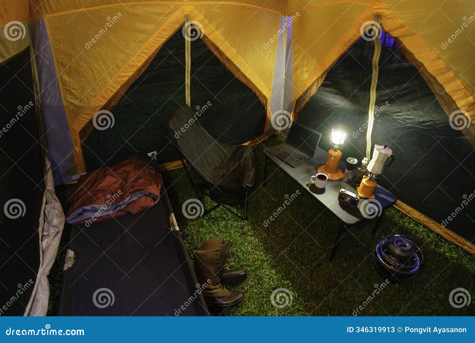 Camping Tent, Folding Bed Inside the Tent at Night in the Forest, Gas ...