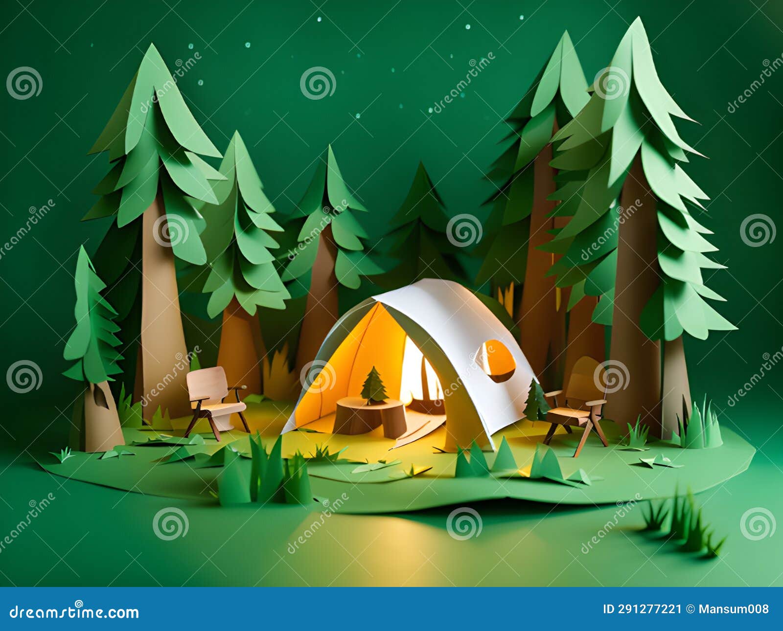 Camping Tent with Tent in the Forest. Paper Cut Stock Illustration ...