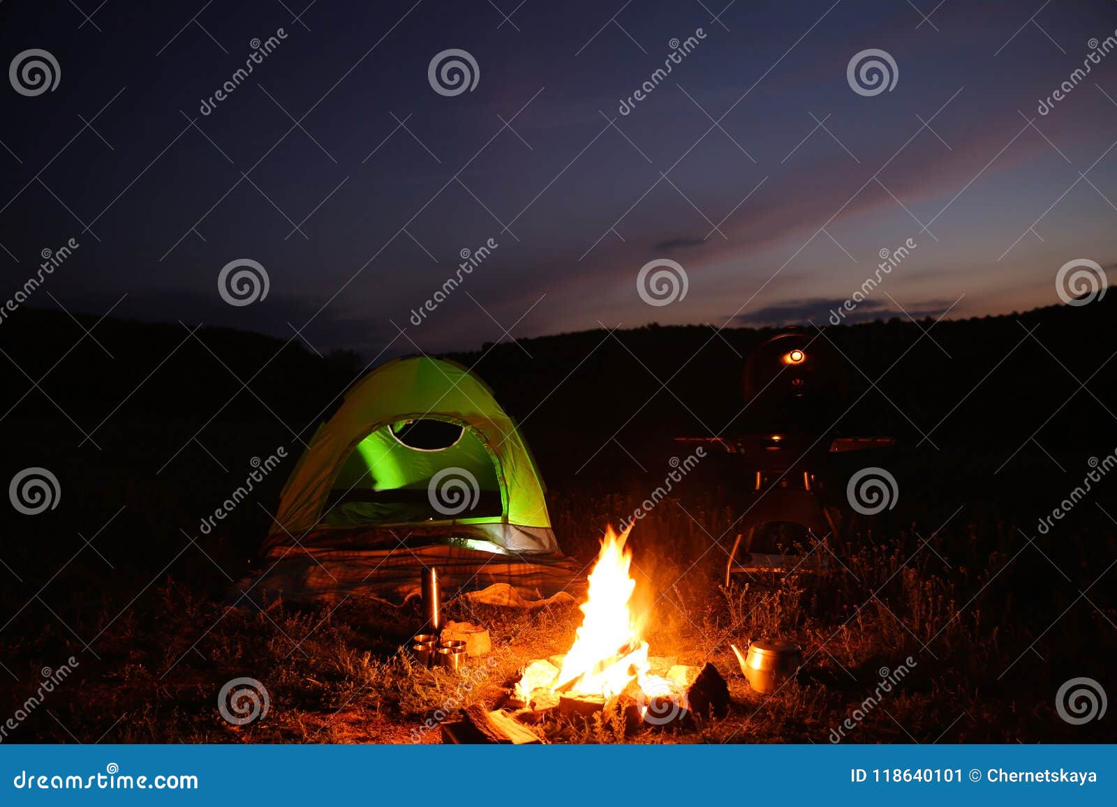 Camping Tent Near Small Bonfire Stock Image - Image of flame, campfire ...