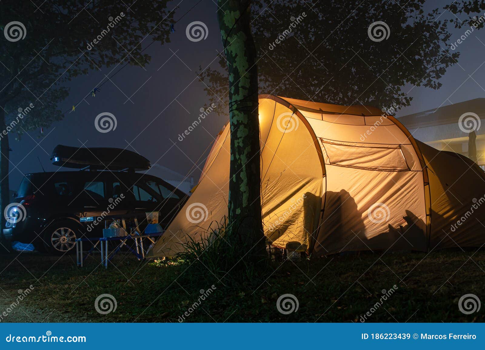 Camping Tent at Night in a Campsite Stock Image - Image of area ...