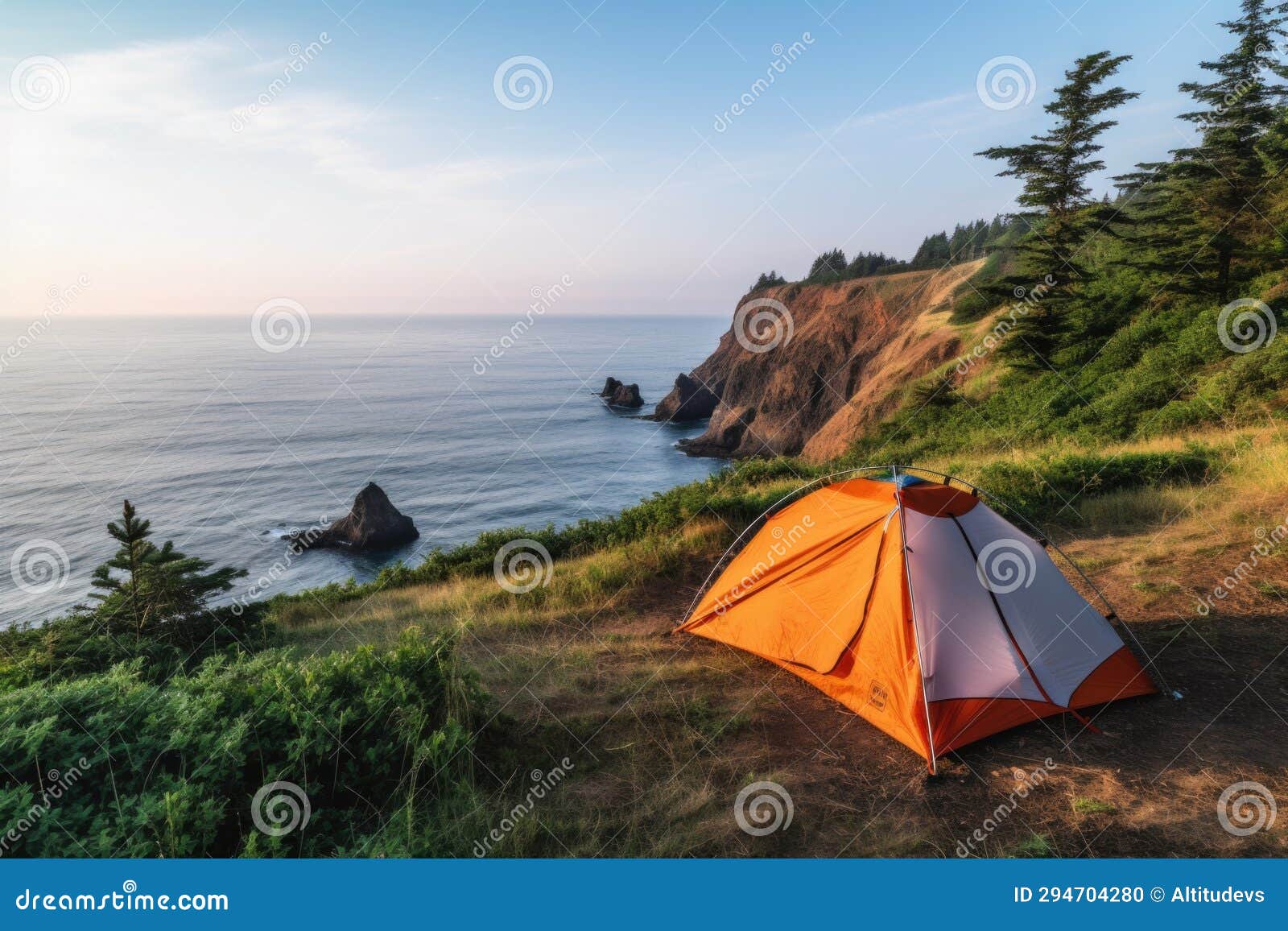 A Camping Tent Pitched at the Edge of a Cliff with Ocean View Stock ...