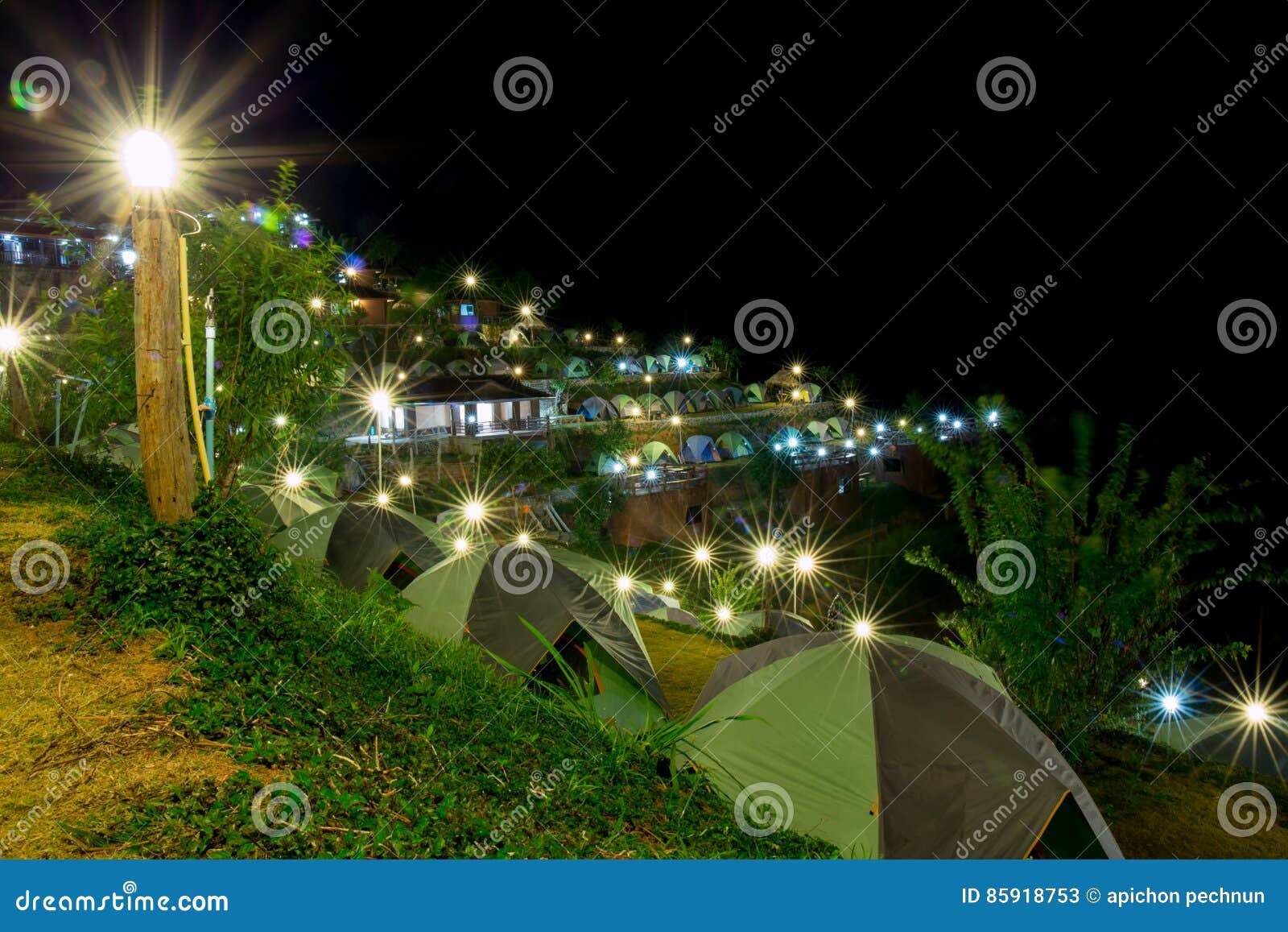 Camping tents at night. stock image. Image of forest - 85918753