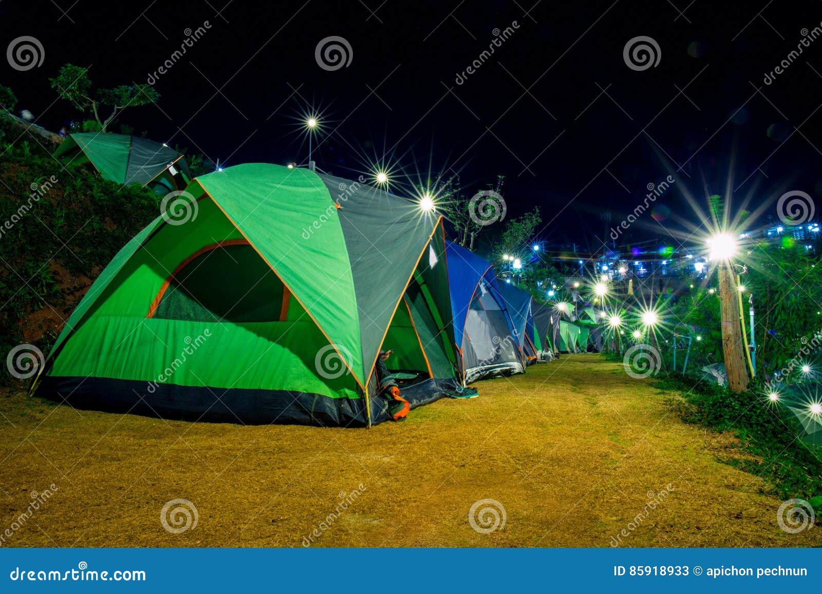 Camping tents at night. stock image. Image of light, hiking - 85918933