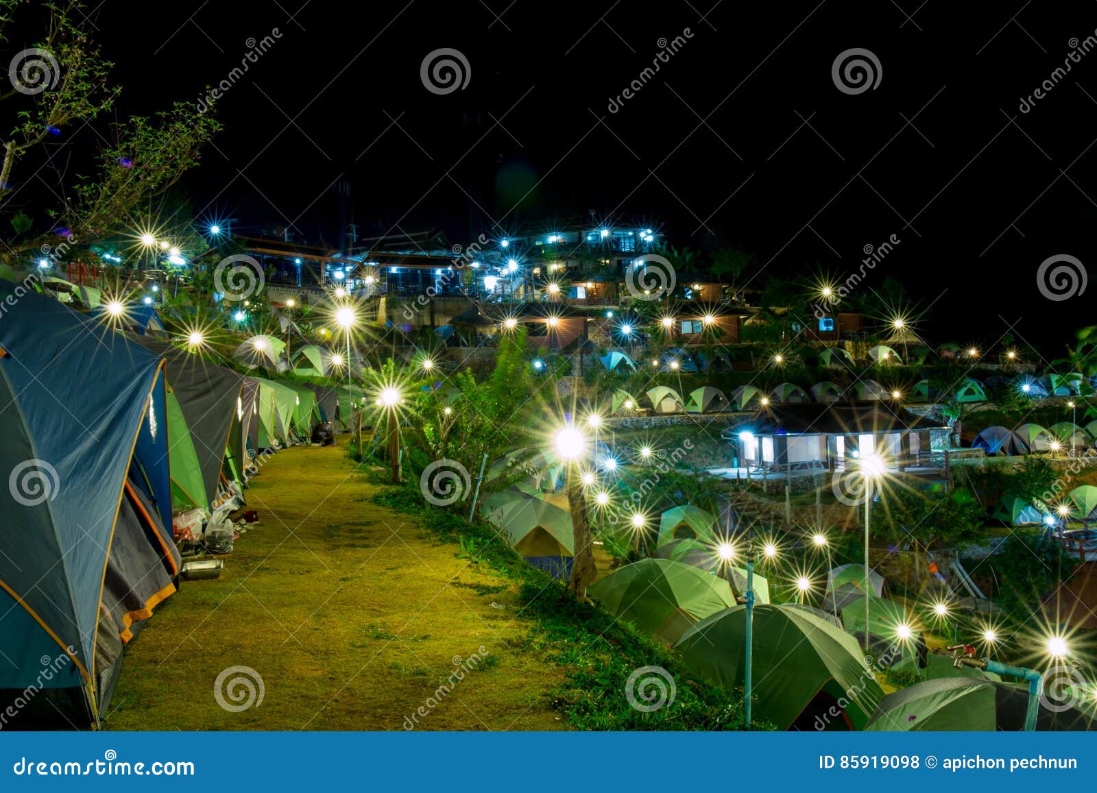 Camping tents at night. stock photo. Image of burning - 85919098